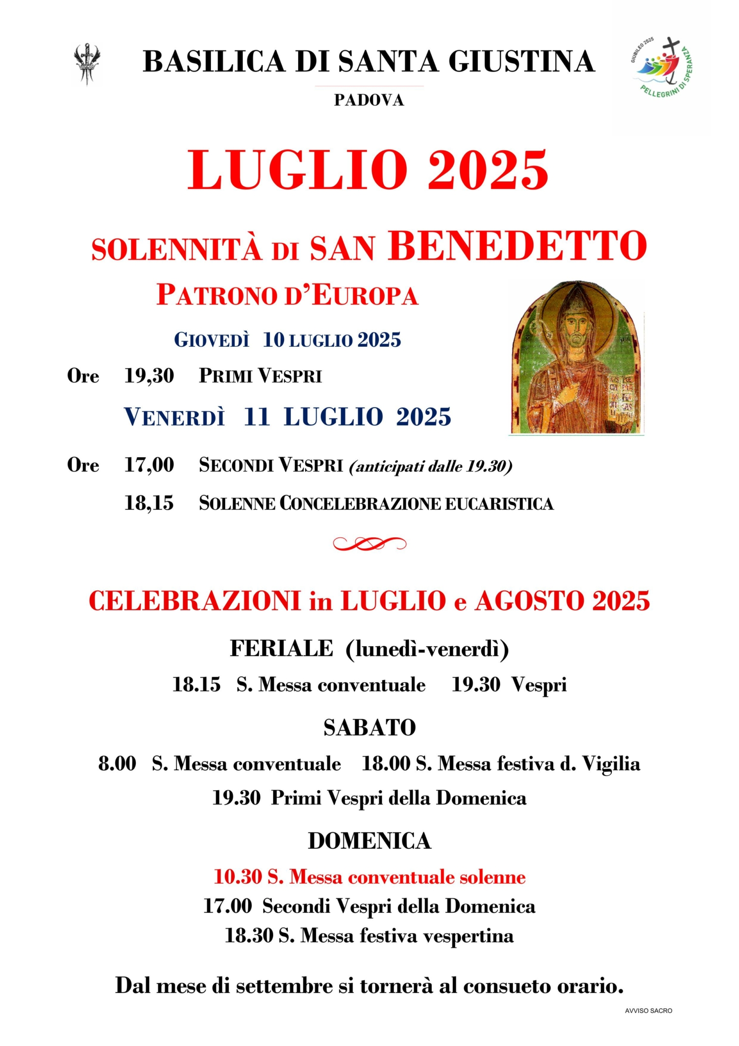 Celebrazioni di Luglio 2025 e modifica orario estivo - Santa Giustina